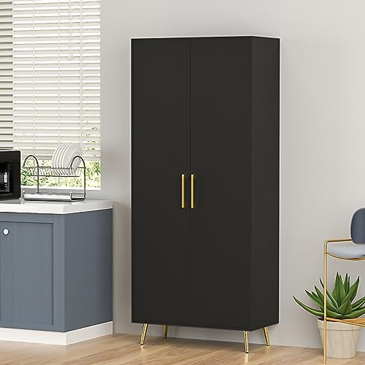 NOVAMAISON 69” Tall Storage Cabinet - Black Storage Cabinet w/ 2 Doors and Adjustable Shelves, Freestanding Kitchen Pantry w/Gold Handles and Legs, Wooden Wardrobe Cabinet for Bedroom, Laundry