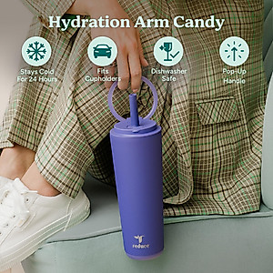 REDUCE Halo 24 oz Stainless Steel Vacuum Insulated Tumbler - Spill Proof Travel Mug with Flip Handle Lid - Keeps Drinks Cold for 32 Hrs - Dishwasher Safe - Cupholder Friendly - Dragonfruit