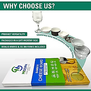 PandPal Bamboo Cheese Board with Knife & Fork Set, Wood Charcuterie Platter & Food Serving Tray for Wine Glasses, Bowls, House Warming Gift, Misoph Collection