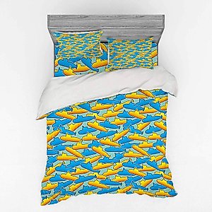 Ambesonne Yellow Submarine Bedding Set, Pop Art Style Retro Underwater Theme Classical Submarine Design Print, 4 Piece Duvet Cover Set with Shams and Fitted Sheet, California King, Yellow and Blue
