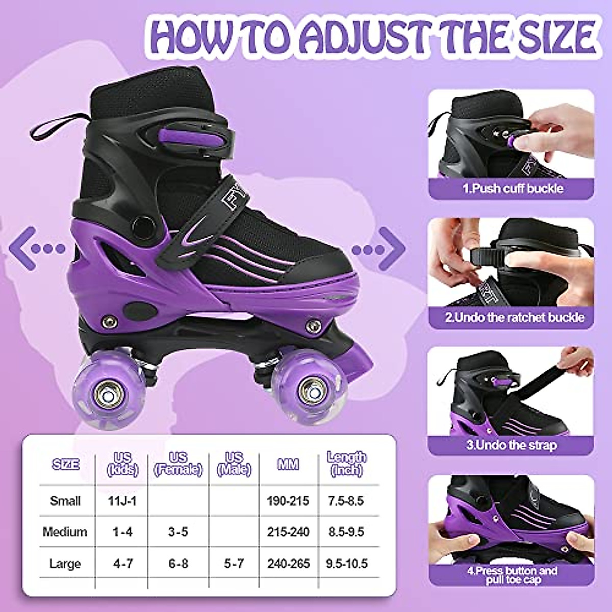 SYXKJ Roller Skates for Boys 8 Wheels Light Up Fun Illuminating Girls Roller Skates Kids Skates 4 Size Adjustable (Youth 4-7)