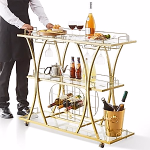 VEVOR Bar Cart Gold, 3 Tiers Home Bar Serving Cart on Lockable Wheels, Rolling Alcohol Cart with Tempered Glass Shelves Guardrail Wine Rack, Modern Wine Cart for Home Kitchen Dining and Living Room
