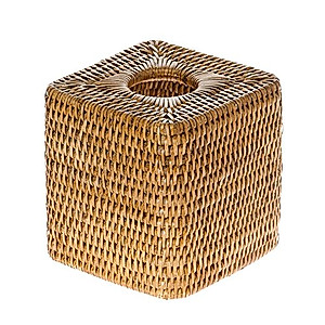 Kouboo La Jolla Rattan Round Waste Basket with Lid & Plastic Insert, 2 Gallon Woven Wastebasket & Home Decor, Honey Brown & 1030055 La Jolla Rattan Square Tissue Box Cover, 5.5" x 5.5" x 5.75"
