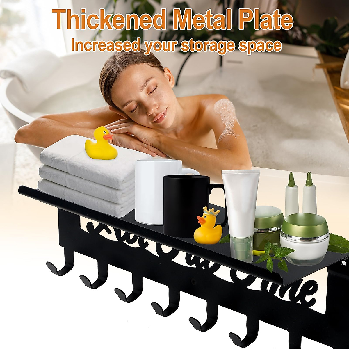 Hot Tub Towel Rack 8 Hooks with Shelf, Bathroom Towel Holder Organizer, Outdoor Wall Mount Hot Tub Accessories Decor to Hold Towels Robes and Coats in Bath, Hot Spring, Swim Pool, Hotel