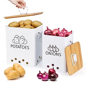 Potato and Onion Storage Bin, Set of 2 Vegetable Storage Tins with Wooden Lids & Side Handles, Dual-row Ventilation Holes, Farmhouse Metal Kitchen Canisters Sets, White