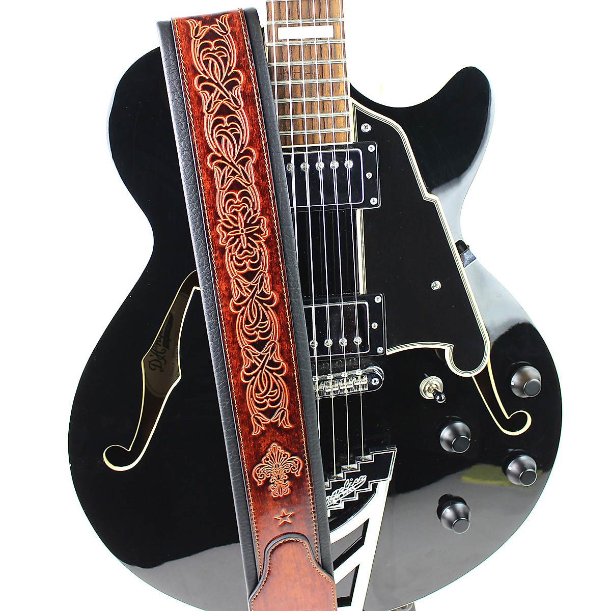 Walker And Williams GB-22 Bourbon Brown Padded Guitar Strap with Fleur De Lis & French Chain Design For Acoustic, Electric, And Bass Guitars