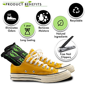 Shoe Deodorizer Inserts - Shoe Odor Eliminator - Activated Charcoal to Absorb Shoe Smell - Pack of 2 Shoe Smell Eliminator with Nail Clippers