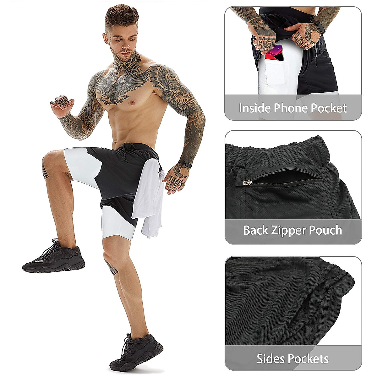 OEBLD Mens Athletic Shorts 2-in-1 Gym Workout Running 7'' Shorts with Towel Loop Black