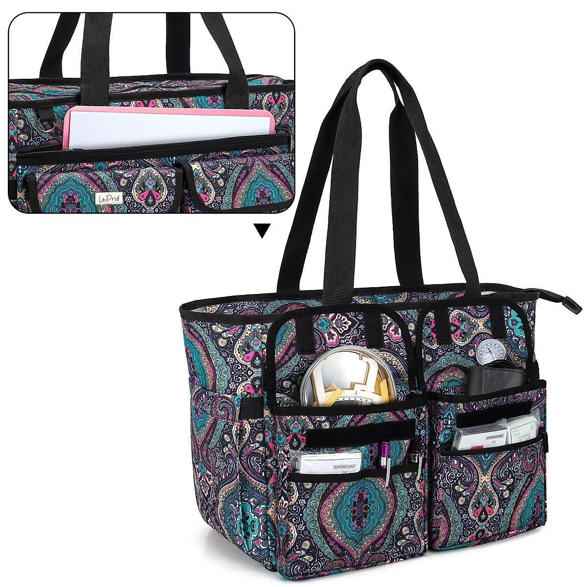 LoDrid Nurse Tote Bag with Bottom Padded Pad, Nurse Bags and Totes for Work, with Separated Storage Laptop Layer (up to 15.6 Inch), Nurse Bag with Large Compartment, Totem, Bag Only