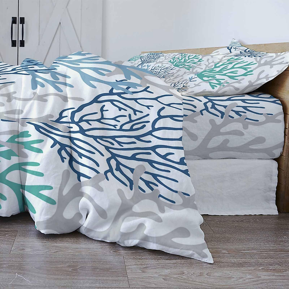 DecorLovee California King Duvet Cover Set - Blue Teal Grey Coral Coastal 4 Pcs Comforter Cover Bedding Sets, Summer Beach Nautical Ocean Microfiber Bed Sheet Soft Quilt Cover with 2 Pillow Shams
