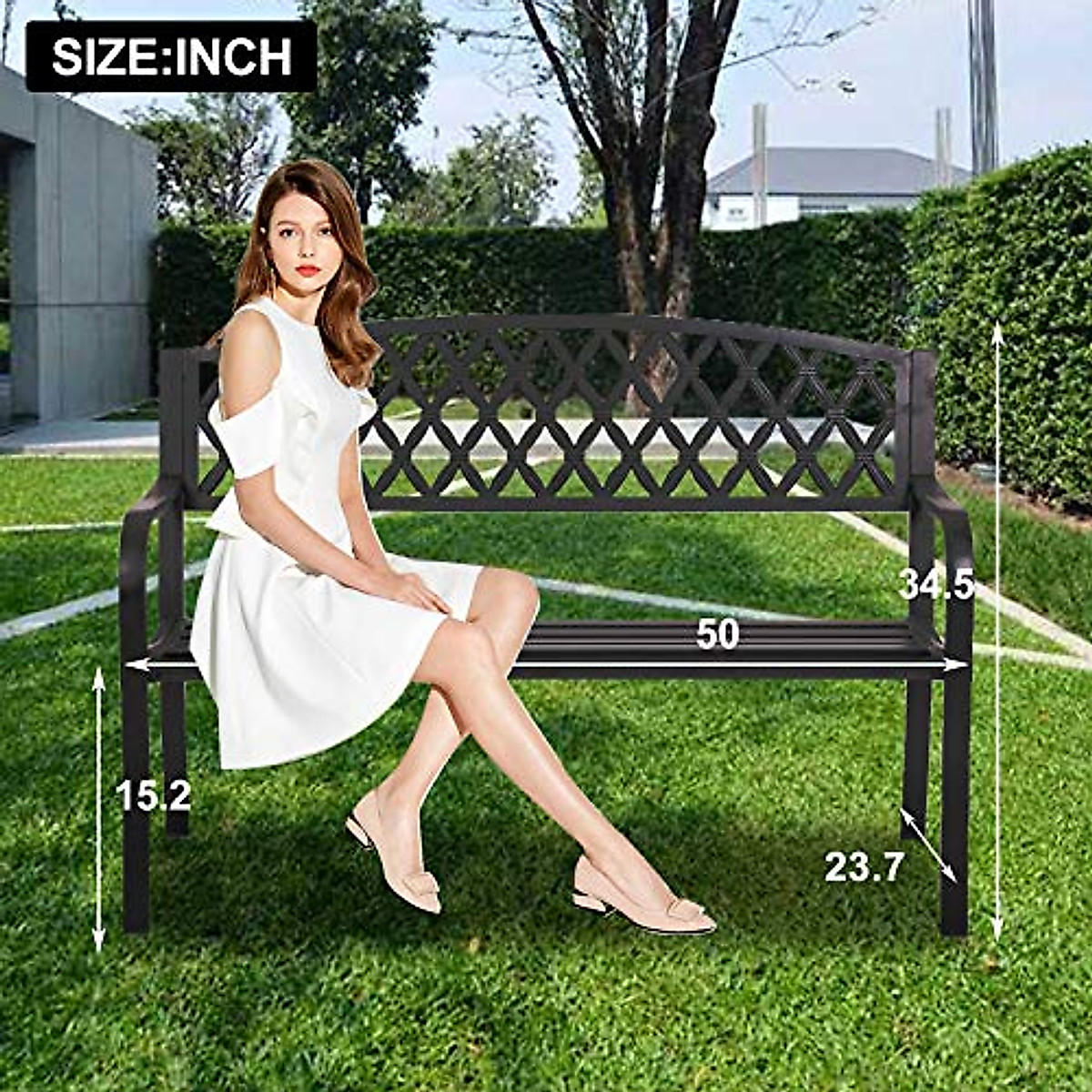 Patio Bench Outdoor Bench Garden Bench Park Yard Furniture 400 lbs Durable Cast Iron Metal Outdoor Seating for Yard Porch Lawn Deck Entryway Backyard, Black