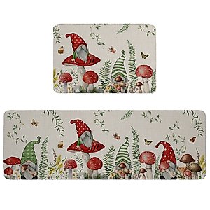 Possta Decor 2 Pieces Kitchen Rugs Set Spring Gnome Red Mushroom Vintage Linen,Water Absorbent Soft Doormat Area Runners Garden Vegetable,Non-Slip Bath Mat for Entryway Bathroom Laundry