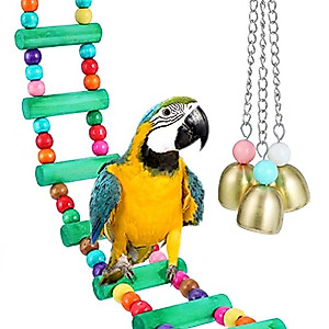 PATKAW 2Pcs Bird Parrot Ladder Toys Wooden Bird Climbing Ladder Bridge Bell Toy Colorful Cage Hanging Swing Chewing Toys for Budgerigar Parakeet Conure Cockatiel Mynah Love Birds