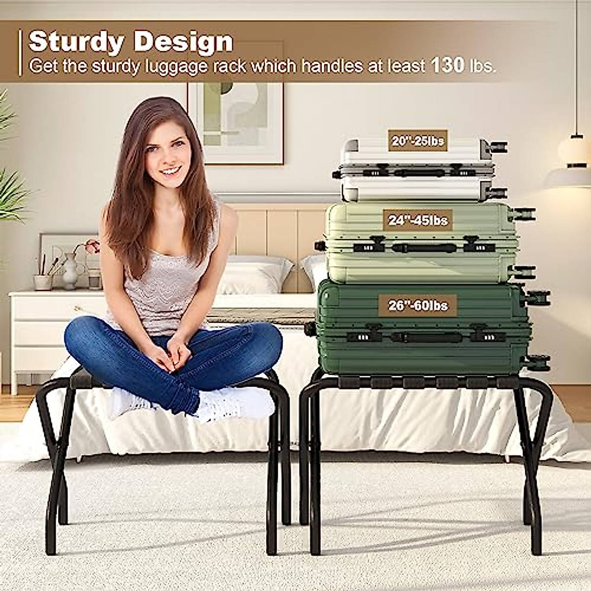 Mr IRONSTONE Luggage Rack Pack of 2, Folding Metal Suitcase Stand with Nylon Straps and Steel Frame, for Guest Room, Hotel, Bedroom, Steel Frame, Holds up to 130 lb, Black