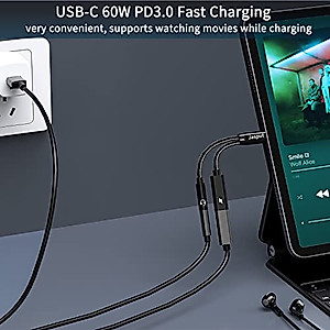 Jasput USB Type C to 3.5mm Headphone and Charger Adapter, 2-in-1 USB C to Aux Audio Jack Hi-Res DAC and Fast Charging Dongle Cable Compatible with Pixel 4 3 XL,Galaxy S22 S21 S20 S20+ Note 20