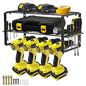 Power Tool Organizer, Metal Wall-Mounted Drill Holder, Storage Rack for Cordless Drill 3 Layers, Removable Heavy Duty Metal Tool Shelf for Garage Home Workshop Shed(Holds 4 Drills)