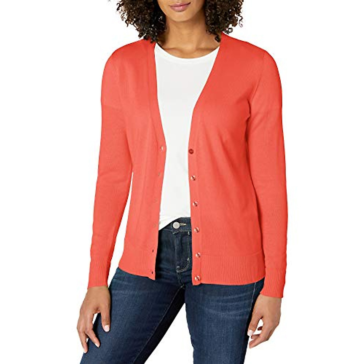 Amazon Essentials Women's Lightweight Vee Cardigan Sweater (Available in Plus Size), Coral Pink, Medium
