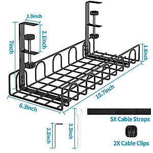 Under Desk Cable Management Tray - 15.7in 2Packs Metal Under Desk Wire Management, High Capacity Adjustable and Removable Cable Management Organizers Holder, No Drill & No Damage, for Office, Kitchens
