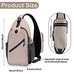 Fancosni Sling Bags for Women Men, Crossbody Sling Backpack, Chest Bag Lightweight Shoulder Bag, Multipurpose Sling Bag for Travel, Hiking, Shopping, Walking, Biking, Cycling, Earphone Hole, Beige