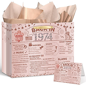 Yoirrat Rose Gold Vintage 50th Birthday Gift Bag for Women Large Pink Back in 1974 Happy 50th Birthday Gift Bag with 50th Birthday Wrapping Paper and Card for 50th Birthday Decorations Party Supplies