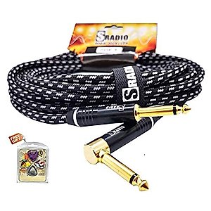 SRADIO Guitar Instrument Cable 10 Foot, AMP Cord Right Angle 1/4-Inch TS to Straight 1/4-Inch TS Guitar Cable 10FT with Gray Tweed Cloth for Electric Guitar，Bass，Keyboard