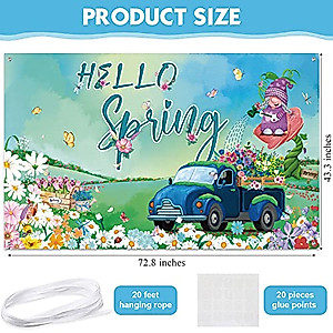 Hello Spring Decorations Spring Easter Photography Banner Gnome Blue Truck Daisy Backdrop Butterfly Flowers Background for Holiday Photo Prop Booth Indoor Outdoor, 43.3'' x 72.8''