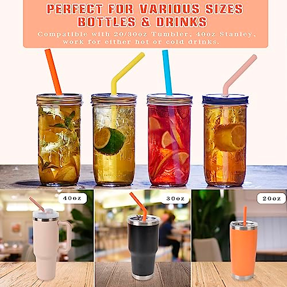 12 Pack Reusable Replacement Straws for Stanley Cup 40 oz Tumbler, Silicone 12 Inch Extra Long Drinking Straw with Cleaning Brush, Flexible Color Bent & Straight Straws for Stanley H2.0 with Handle