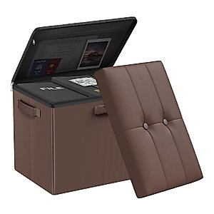 DocSafe Storage Ottoman with Lock,Fireproof Folding Ottoman Foot Rest Stool Storage Chest with Storage Safe for Important Documents,Waterproof 17 Inches Short Ottoman Foot Stool with Handles,Brown