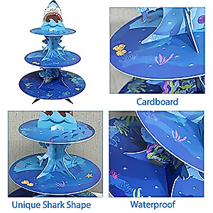 3 Tiers Shark Cardboard Cupcake Stand Birthday Party Supplies, Cupcake Dessert Cupcake Holder with 24pcs Cupcake Toppers for Kids Boys Girls Ocean Birthday Party, Baby Shower, Shark Party Decorations
