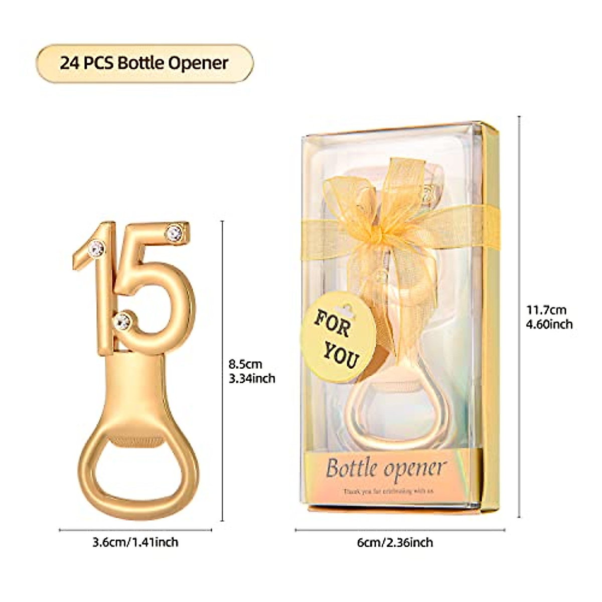 24Pcs Golden 15 Bottle Openers for 15th Birthday Party Favors Rhinestones Decorations for Wedding Anniversary Gifst Souvenrs or Keepsaks for Guests