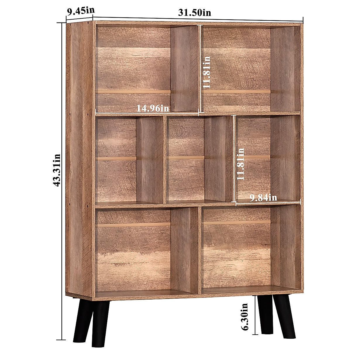 LEYAOYAO 7 Cube Bookshelf 3 Tier Modern Bookcase with Legs,Wood Book Shelves Storage Organizer Shelf,Free Standing Bookcases,Oak Display Bookshelves