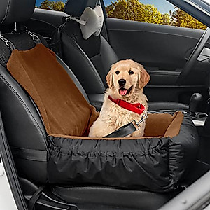IFurffy Dog Car Seat, Pet Car Seat with Storage Pockets and Clip-On Safety Leash, Washable Coral Fleece Dog Booster Seat for Small Medium Dogs, Small Dog Car Seat for Travel Dog Car Bed (Brown)