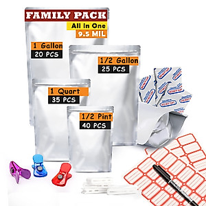 Mylar Bags for Food Storage,120 Pcs in 4 Sizes With 400cc Oxygen Absorbers, 9.5Mil Holographic Large Vacuum Resealable Zip Lock, Smell Proof Comes with Sealing & Food Clips, Labels & Pencil, Silver