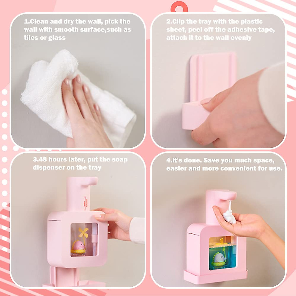 AMYESE Cute Automatic Soap Dispenser - Kids Touchless Pink Hand Soap Dispenser,Wall Mount Waterproof USB Rechargeable, 13.5oz/ 400ml for Bathroom Countertop, Kitchen, Office, Hotel, Preschool Children