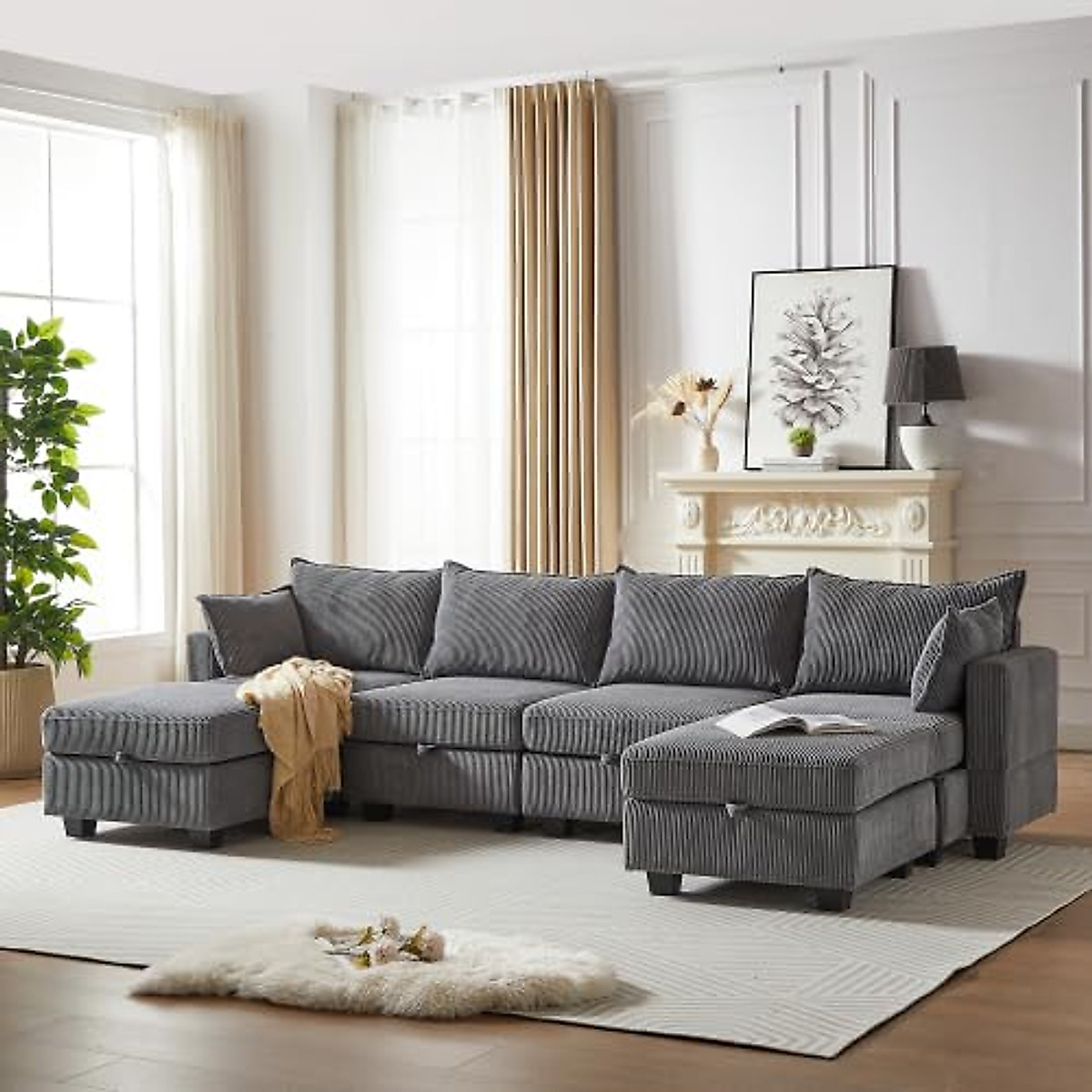 6 Seater Oversized Free Combination Convertible Modular Sectional Sofa, U / L Shaped Extra Large Corduroy Reversible Sleeper Corner Couch with Storage and Movable Ottomans for Living Room Apartment