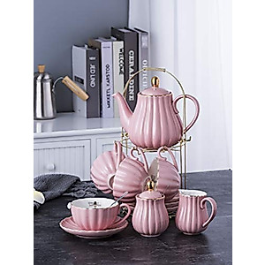 Jusalpha Fine China Pink Coffee Cup/Teacup Set, 7 OZ Cups& Saucer Service for 4, with Teapot-Sugar Bowl-Cream Pitcher Teaspoons and tea strainer for Tea/Coffee, 17-Pieces (TW Full set)