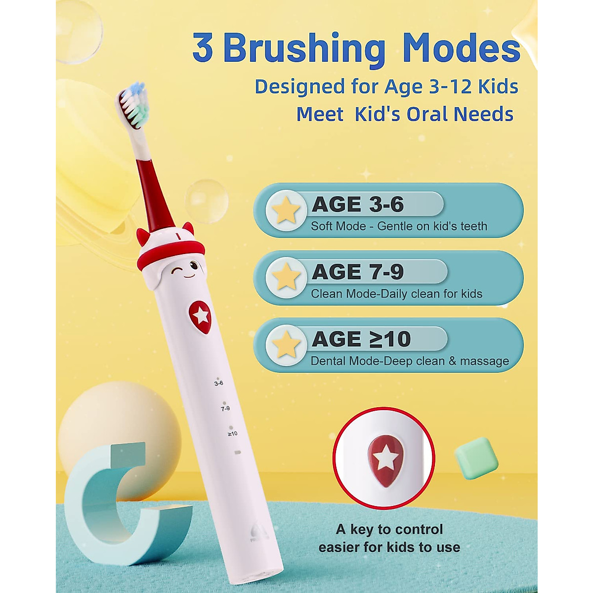 JTF Kids Electric Toothbrush-for Ages 3-12, Rechargeable Electric Toothbrushes, Wireless Fast Charge & Long Battery Lasting for 60 Days,with Smart Timer 3 Modes & 2 Kids Size Brush Heads, Red…
