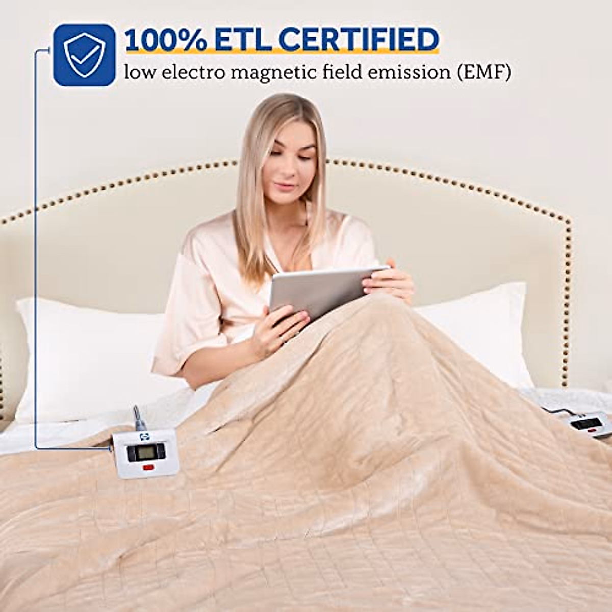 SEALY Electric Blanket Queen Size, Flannel & Sherpa Heated Blanket with 10 Heat Setting & 1-12 Hour Auto Shut Off, Fast Heating Blanket, Machine Washable, Beige, 84 x 90 Inch