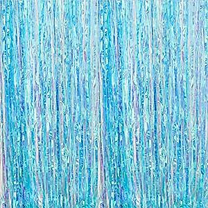 BRAVESHINE Party Decorations Iridescent Foil Fringe Backdrops - 2 Pack 3.2 x 6.5 ft Metallic Tinsel Photo Booth Pros Streamer Curtains for Birthday Wedding Graduation Christmas Holiday - Clear Blue
