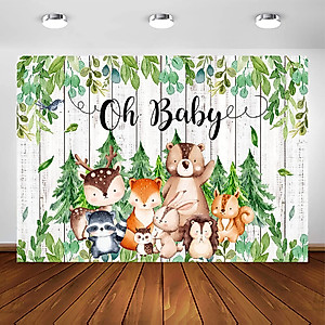 Avezano Oh Baby Backdrop Forest Safari Jungle Animals Boys Girls Baby Shower Party Decorations Cartoon Bear Deer Woodland Baby Shower Photography Background (7x5ft)