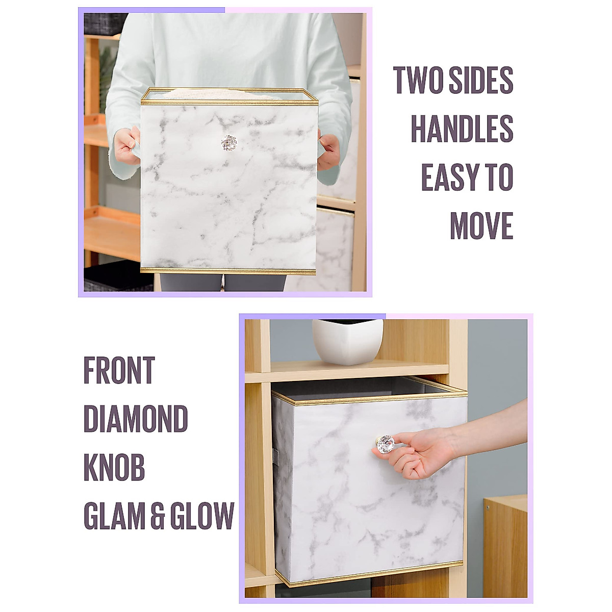 MYTHAUS Storage Cubes Fabric Bins - Foldable Cube Storage Bin,Closet Organizer with Decorative Knob,Dual Handles Storage Basket,13 Inch for Nursery/Home Office/Closet 4 Pack(White Marble)