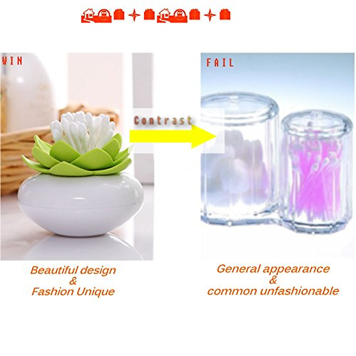 Cafurty Lotus Flowers Cotton Swab Holder, Q-tip Toothpicks Storage Organizer, Bathroom Vanity Canister (Green / Pink)