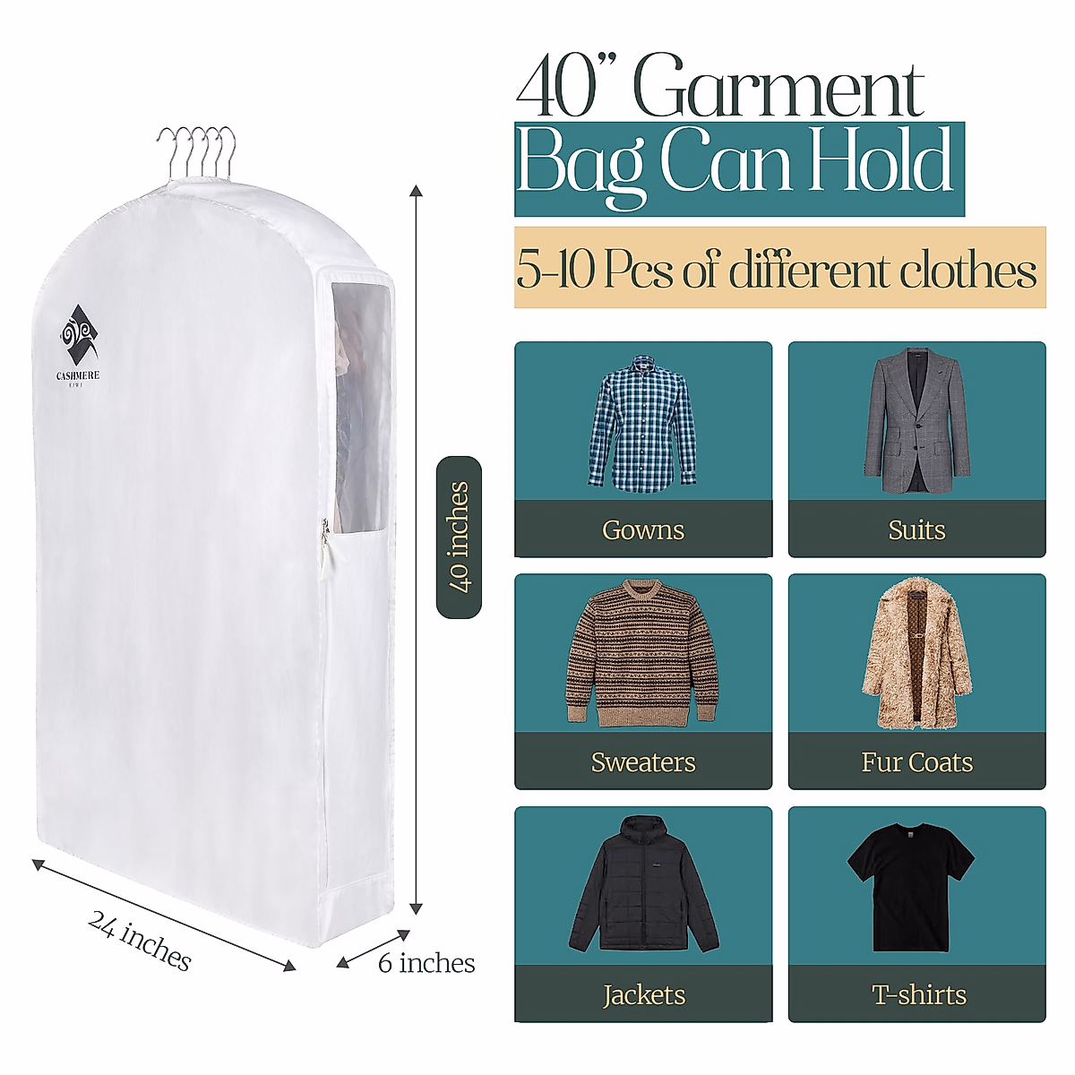 Premium 40” Short Cotton Garment Bag For Hanging Clothes And Storage | Wide 6” Gusset & 4 Cedar Blocks For Fresh Smell And Moth Protection | Best For Suits, Fur Coats, Leather Jackets, Sweaters.