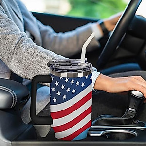 Water Bottle with Lid And Straw, Large Capacity Red Blue White American Flag 40 oz Travel Stainless Steel Cups, Handle Insulated Tumblers for Men, Women