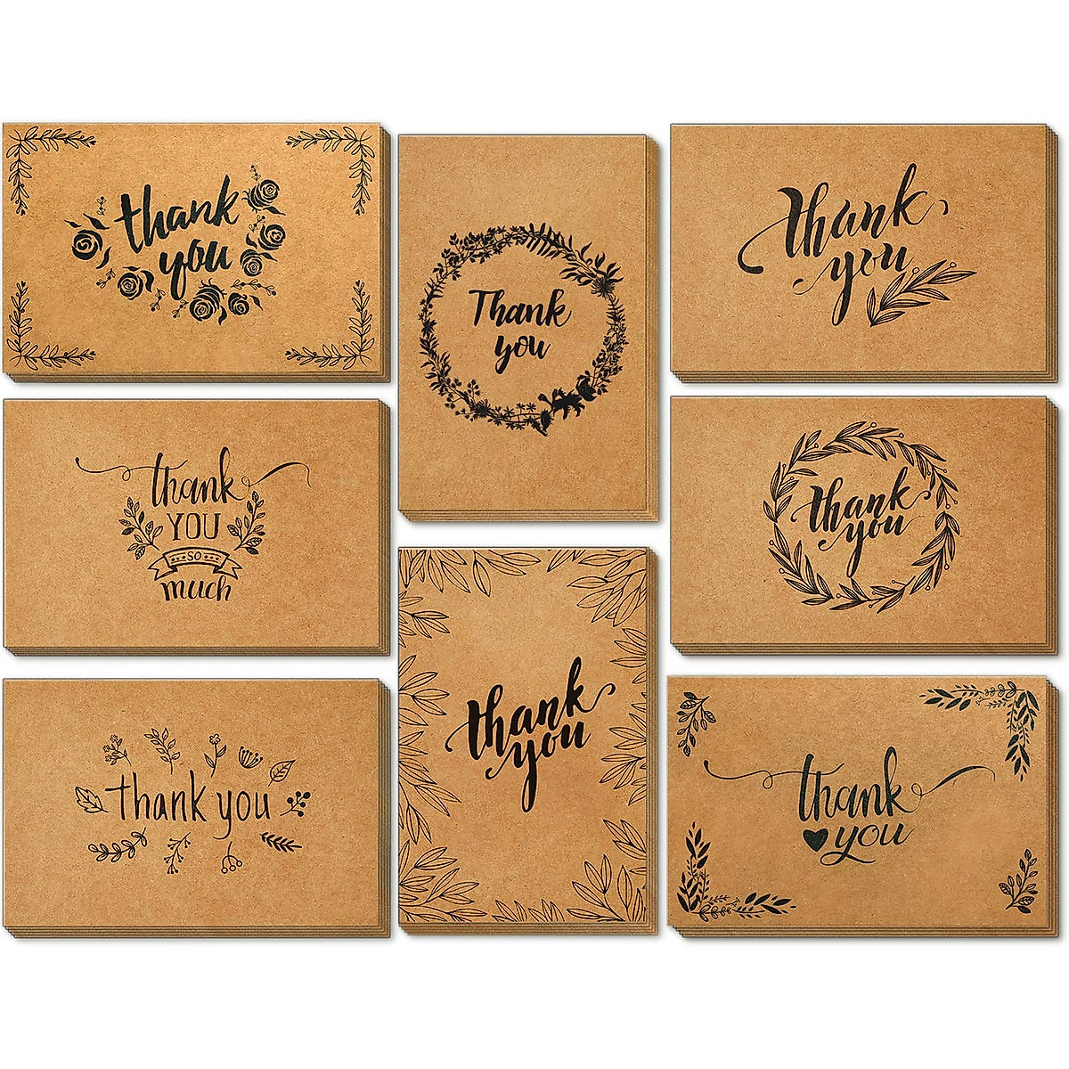 144 Bulk Thank You Cards with Self-Seal Envelopes, Brown Kraft Thank You Notes Box Set with Elegant 8 Designs Greeting Card for Wedding, Business, Birthday, Baby Shower, Blank Inside, 4 x 6 Inch