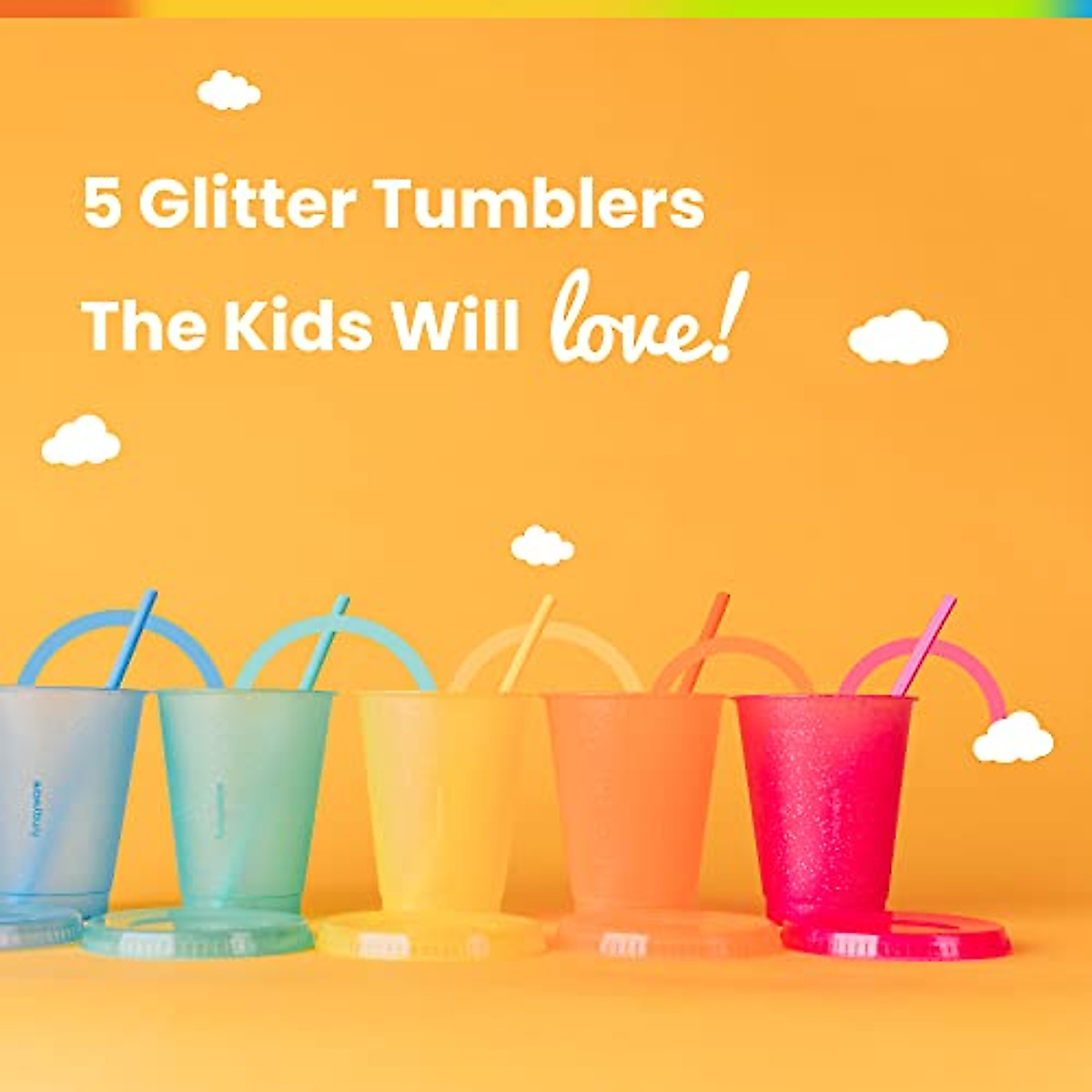 Kids Tumblers with Lids and Straws - 5 Reusable Cups with Lids and Straws, 16oz Glitter Tumbler Cute Cups for Kids in Rainbow Colors, Reusable Plastic Tumblers Cups with Lids and Straws for Smoothie