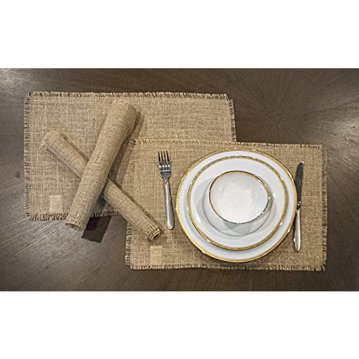 CHARDIN HOME Jute Burlap Placemats, Set of 4 Festive Table mats | 13''x19'' Natural Jute with Gold Lurex | Perfect for Weddings, Holidays, Birthdays, Occasions or Everyday