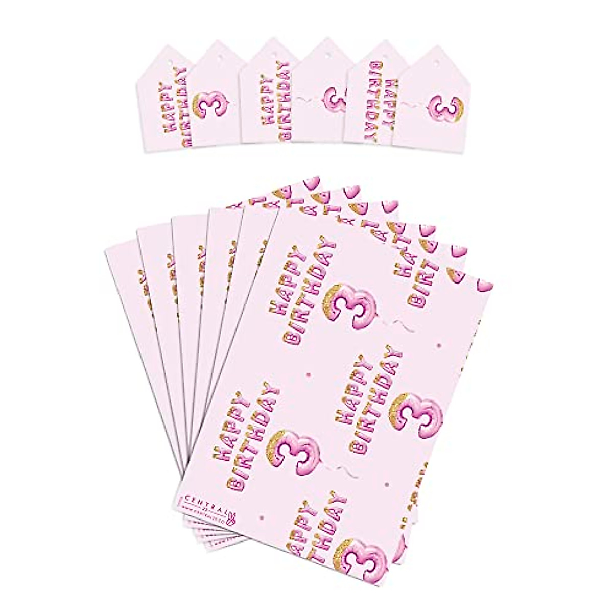 CENTRAL 23 Birthday Wrapping Paper For Girls - 6 Sheets Pink Wrapping Paper - Age Three - Happy 3rd Birthday Gift Wrap For Her - Comes With Stickers - Recyclable