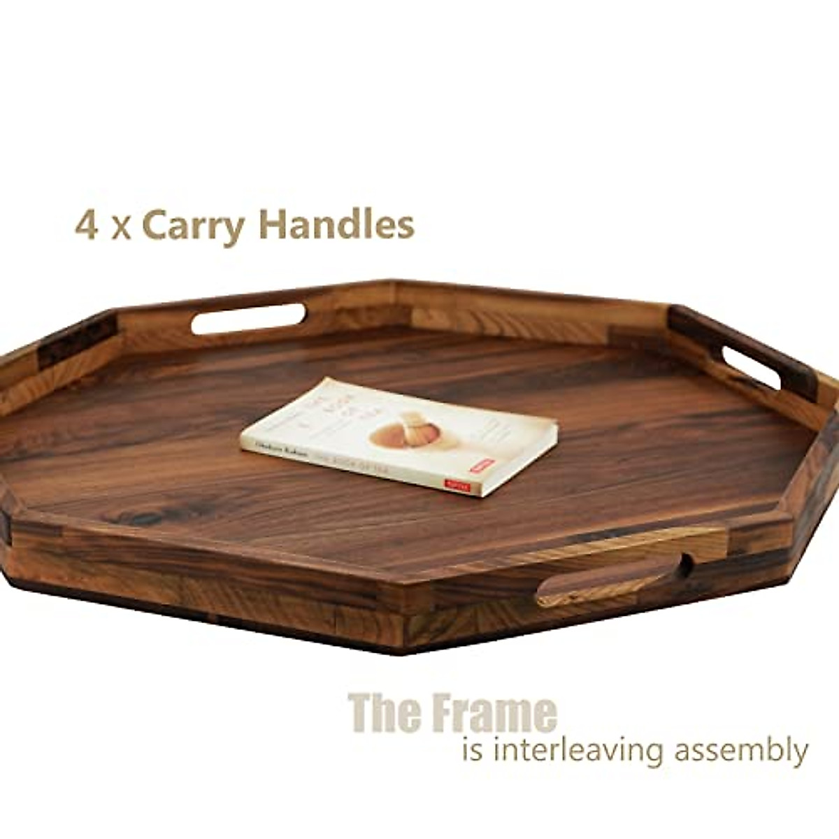 MAGIGO 26 Inches Extra Large Octagonal Black Walnut Wood Ottoman Tray with Handles, Serve Tea, Coffee Classic Wooden Decorative Serving Tray