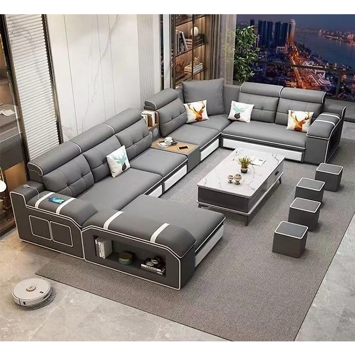 ALKKAR Modern Fabric U-Shaped Sofa Multifunctional Corner Sofa Combination Living Room Furniture Sofa Set with USB Connection, Modern Gray Leather Sectional Sofa Set for Living Room, Home Office
